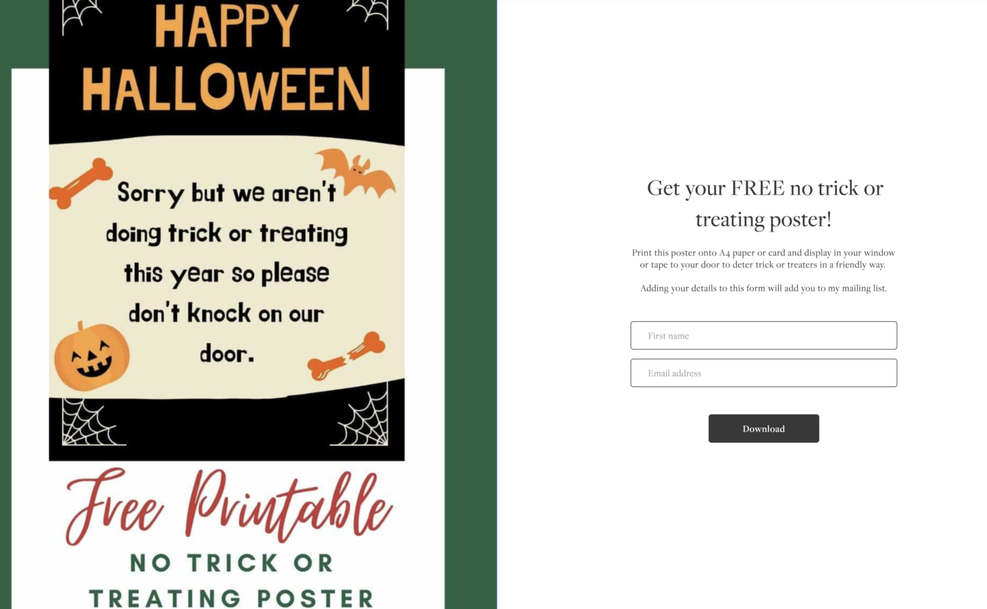 No Trick Or Treating Poster - Halloween Free Printable Poster